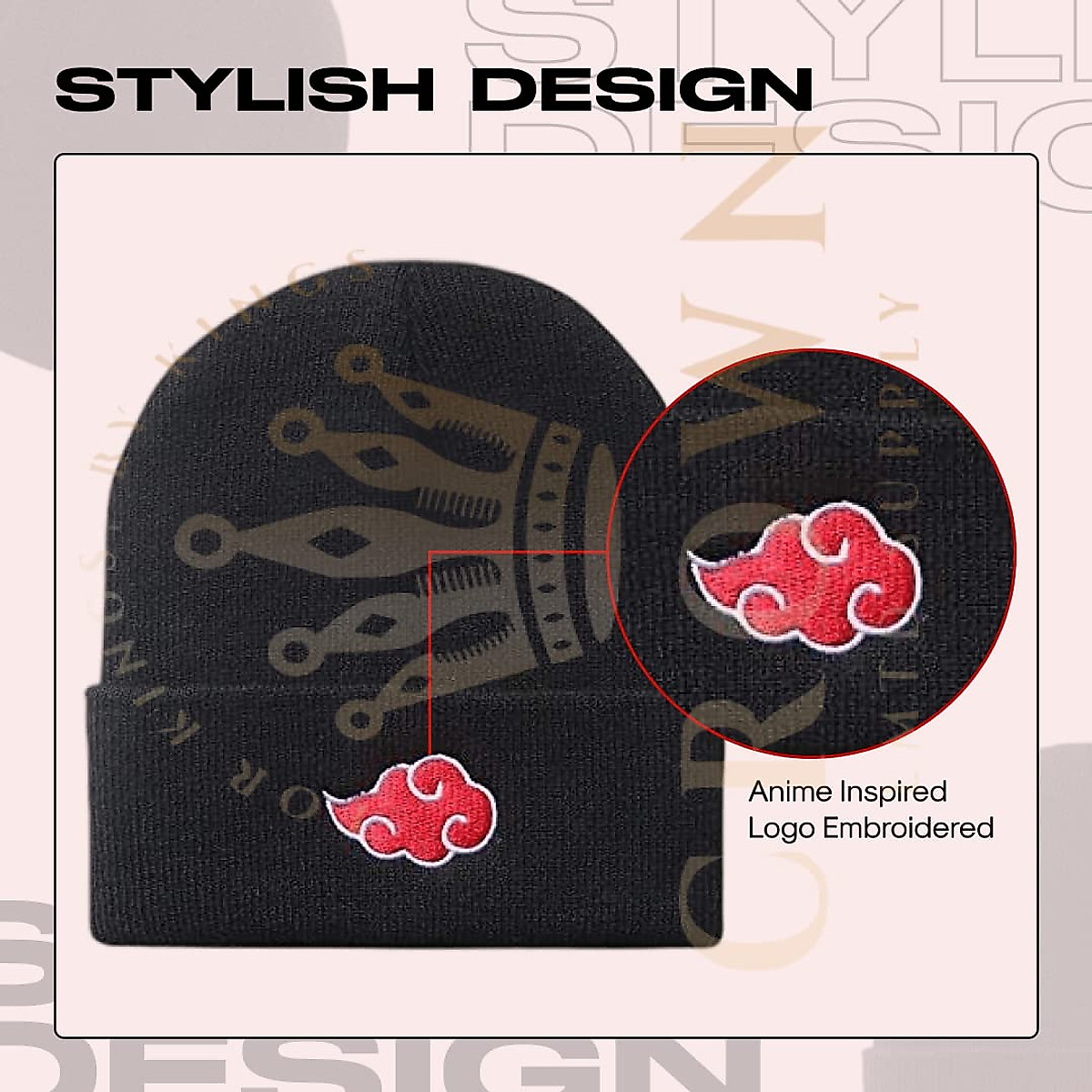 Anime Beanie Hat Winter Caps for Men and Womens Beanies, Cuffed Knit Graphic Beanie, Comfy and Soft Embroidered Anime Hat (Black Red)