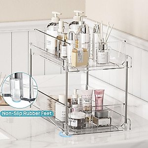 Vtopmart 4 Pack Bathroom Storage Organizer, 2 Tier Clear Under Sink Organizers Vanity Countertop Storage Container, Medicine Cabinet Drawers Bins, Pull-Out Organization with Track for Pantry, Kitchen