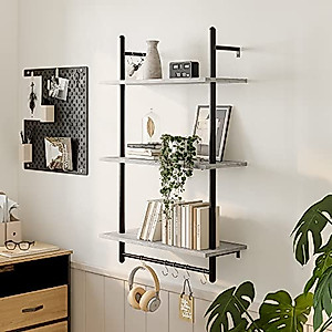 Bestier Floating Shelves, Storage Hanging Shelves for Wall Decor with Towel Bar and Hooks for Living Room Kitchen Coffee Bar, Grey