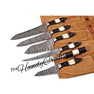 HandyCrafts Hk71 Damascus Chef knife set of 6 pieces Professional utility japanese style BBQ Steel with Black American wood and Camel Bone Leather Sheath Cover, HC71, Black/White, 11 x 3 x 2 inches