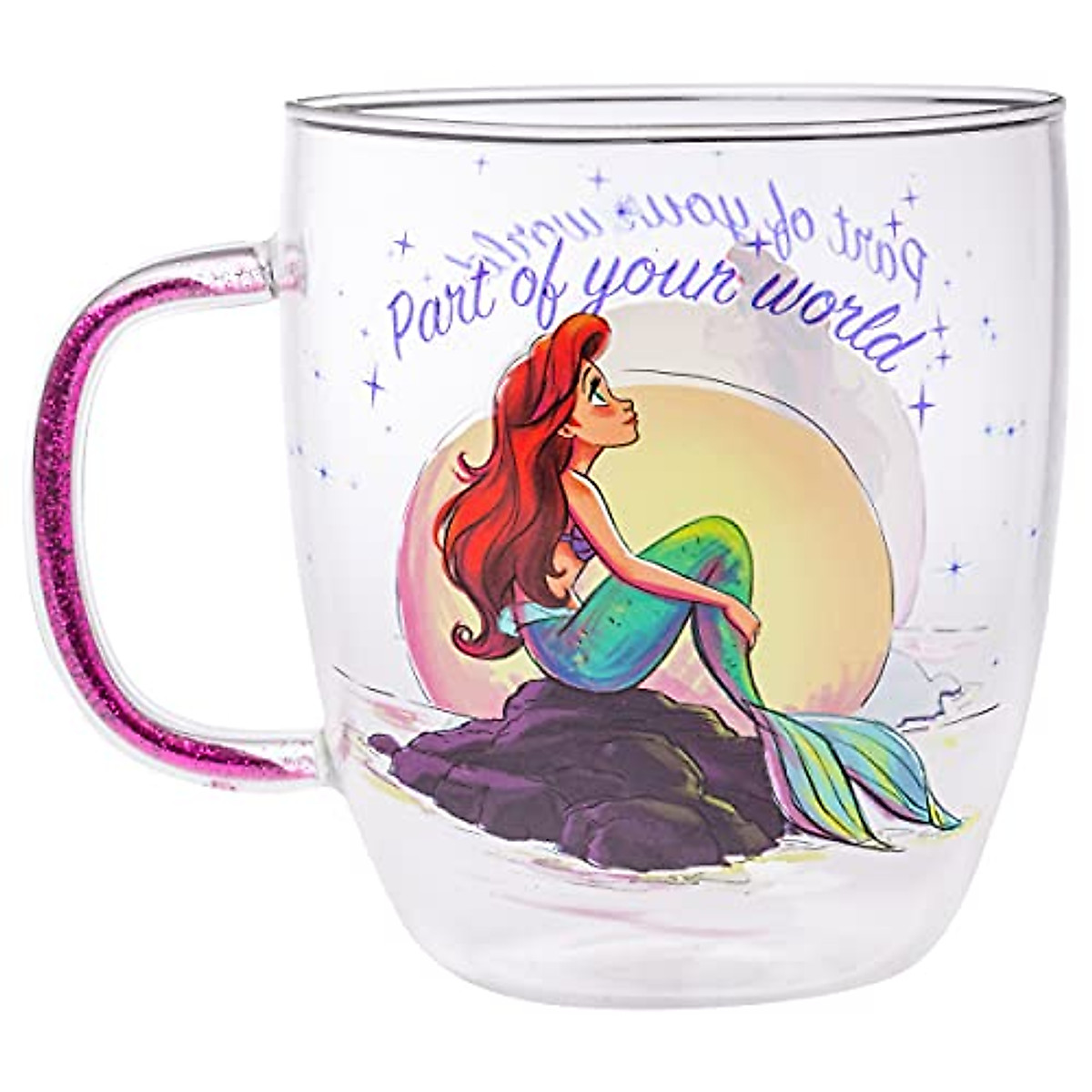 Silver Buffalo Disney Princess Ariel Little Mermaid Part of Your World Glitter Handle Glass Mug, 14 Ounces