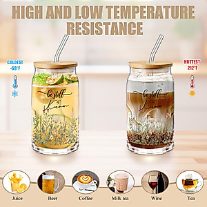 Ziliny 3 Pcs Christian Gifts for Women Be Still and Know Religious Gifts 16 oz Glass Cups with Lid Inspirational Scripture Keychain Bible Verse Cosmetic Bag Gifts for Teacher Student(Flower)