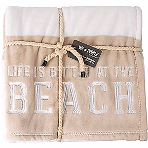 Pavilion Gift Company Life is Better at The Beach-Tan & White Super Soft 50 x 60 Inch Striped Throw Embroidered Text 50" x 60" Royal Plush Blanket, Beige