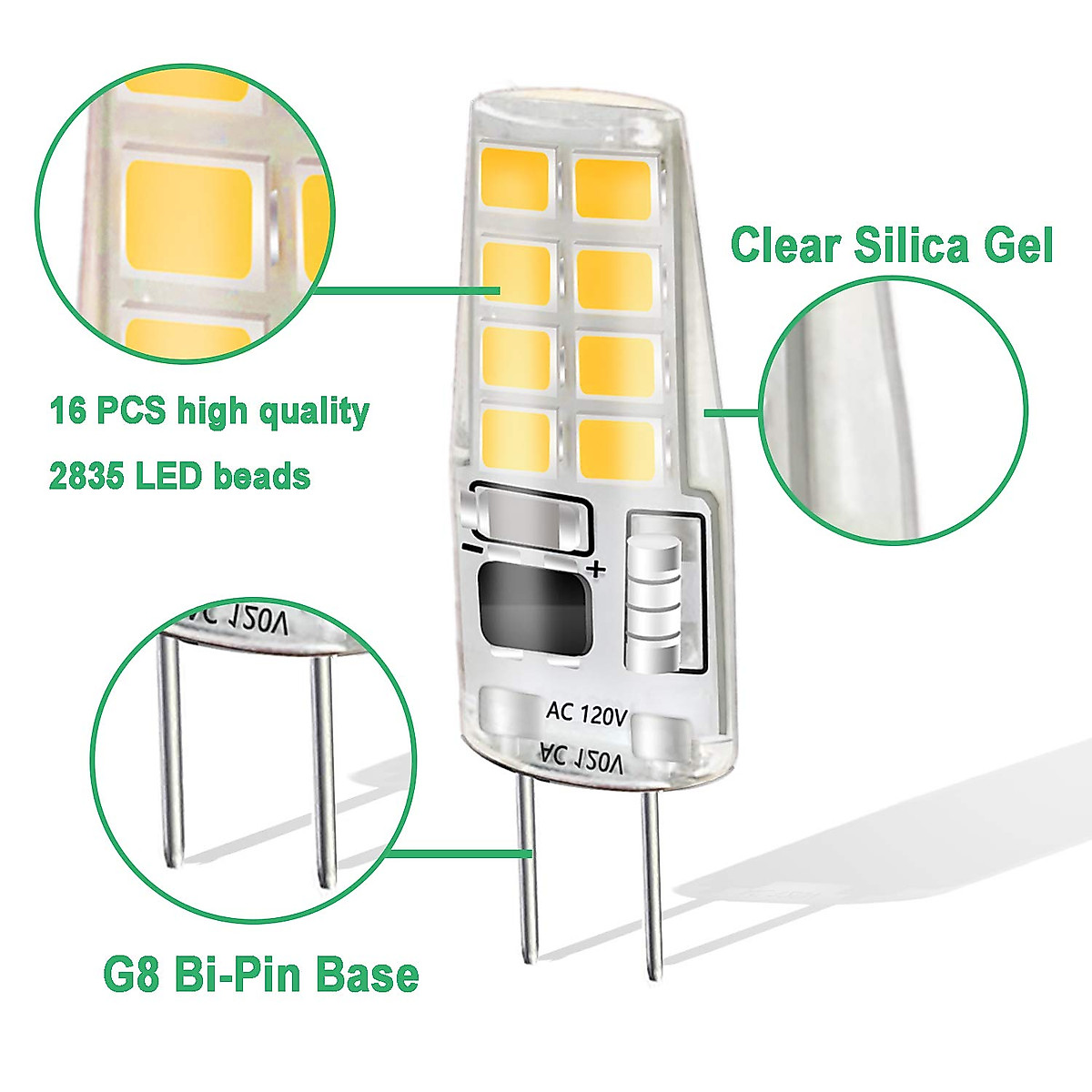 LEKE G8 Bulb Warm White 3W G8 LED Bulb Equivalent to G8 Halogen Bulb 20W-25W Dimmable G8 Light Bulb 3000k, AC 110v/120v/130v(6 Pack)