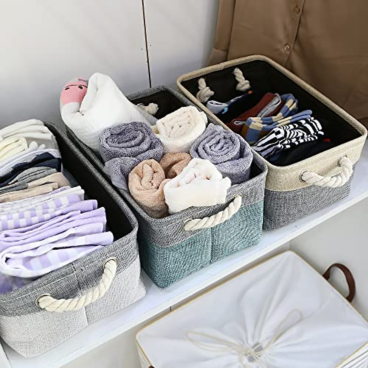 Sea Team 3-Pack Small Storage Basket Set, Storage Cube Organizer, Storage Bins, 12 x 8 x 5 Inches, Rectangle Canvas Fabric Collapsible Shelf Box with Handles for Kids Room (Grey/Stone Blue)
