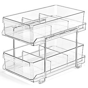 LANDNEOO 2 Tier Clear Organizer with Dividers & 2 Set, 2 Tier Pull-Out Under Sink Organizer and Storage with Dividers