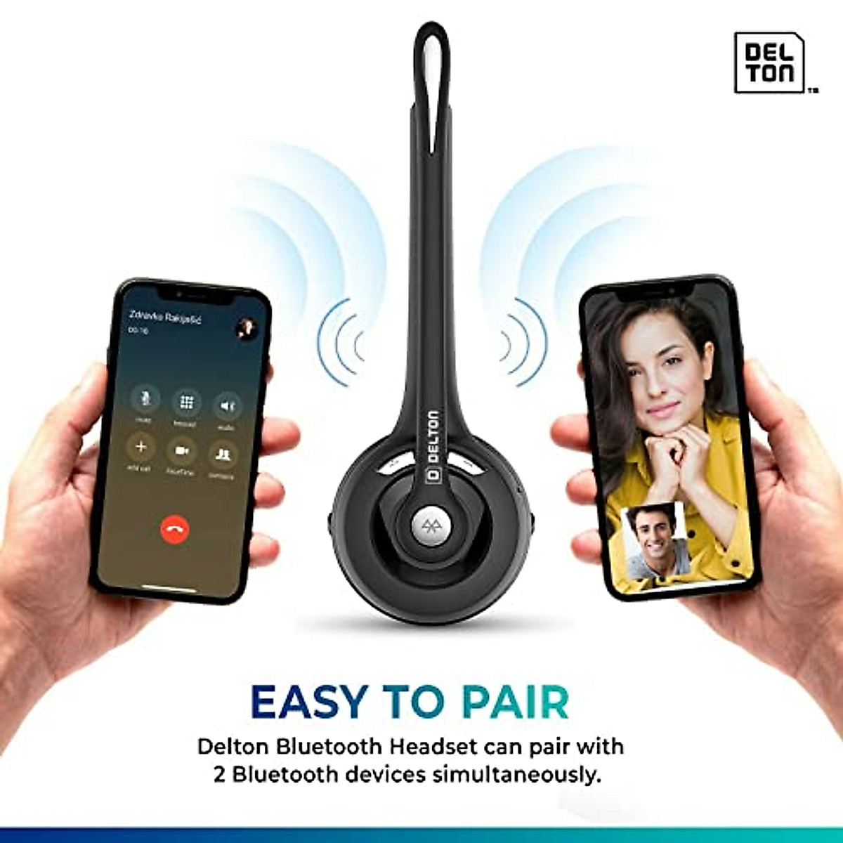 Delton 10X Trucker Bluetooth Headset, Wireless Headphones w/Microphone, Over The Head Single Earpiece with Mic for Skype, Call Centers, Truck Drivers - 18Hrs (2-Pack)