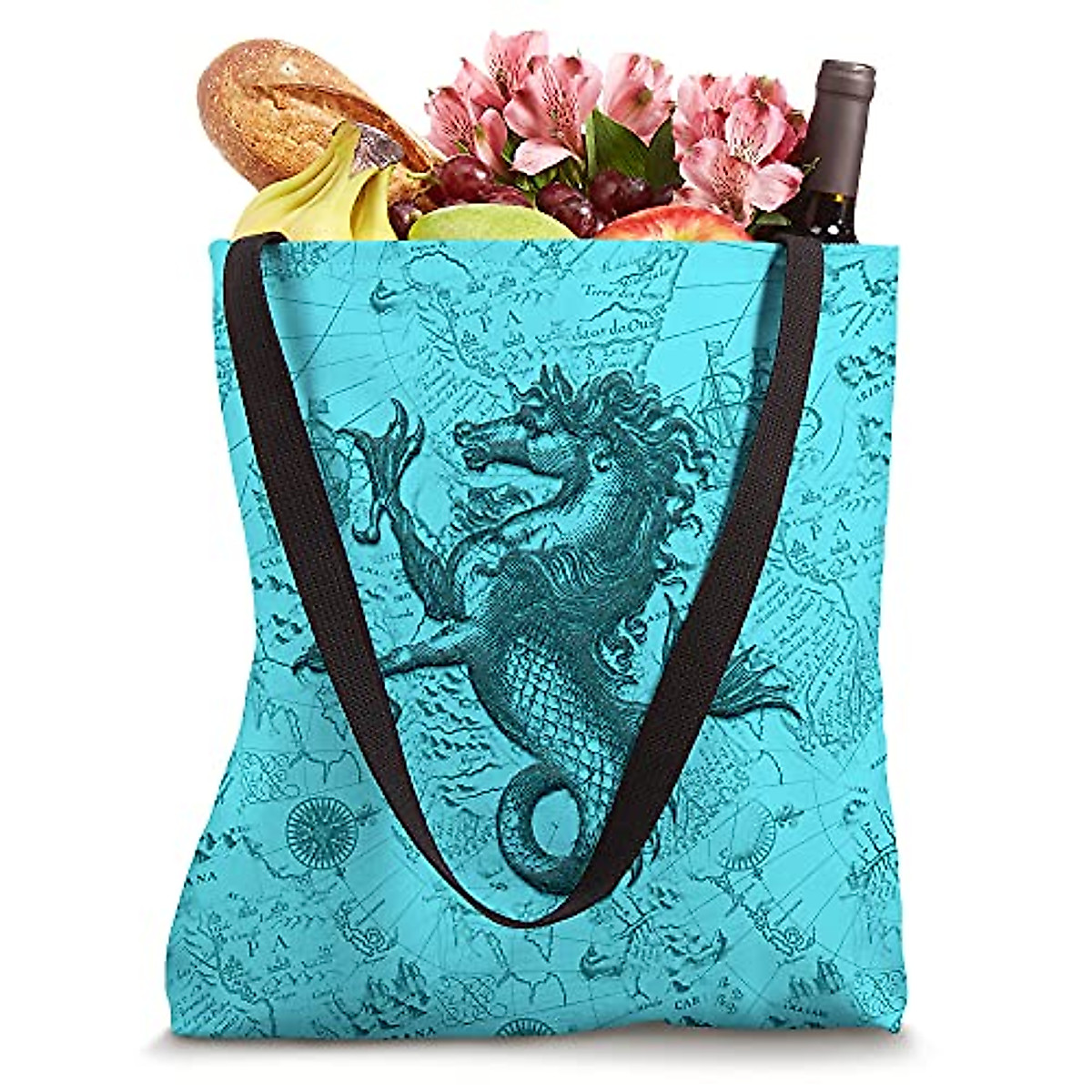 Nautical map retro style seahorse Tote Bag