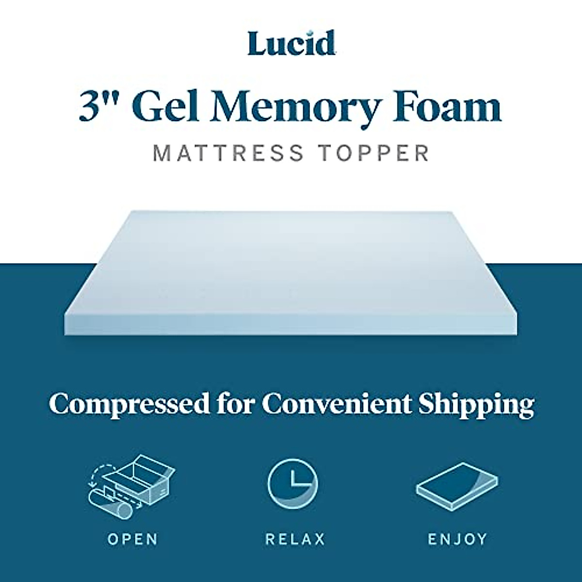 Lucid 3 Inch Mattress Topper Queen - Gel Infused Memory Foam – Memory Foam Mattress Topper Queen – Ventilated Design – CertiPur Certified