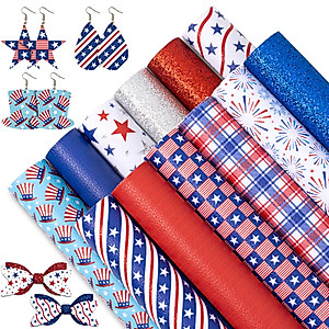 Whaline 4th of July Faux Leather Sheets 8 x 12 Inch Patriotic Synthetic Leather Fabric Glitter Red Blue Stars Stripes National Flag Faux Leather for Independence Day DIY Craft Earring Hair Bow, 12Pcs