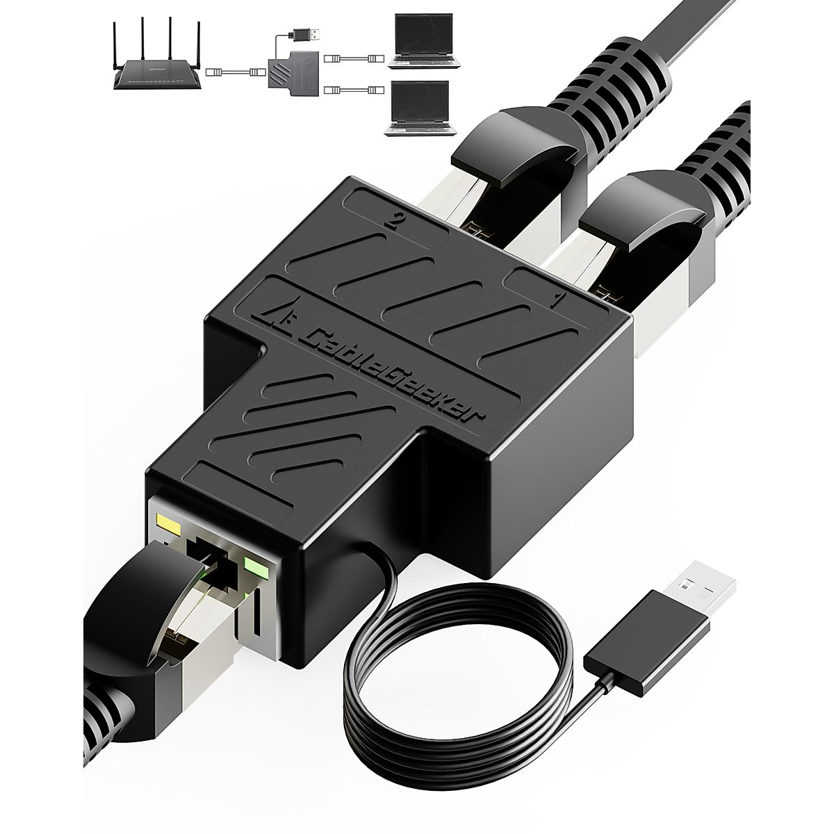 CableGeeker Ethernet Splitter High Speed, 100Mbps Ethernet Splitter 1 to 2 [2 Devices Simultaneous Networking], RJ45 Internet Splitter with USB Power Cable, Network LAN Splitter for Cat 5/6/7/8 Cable