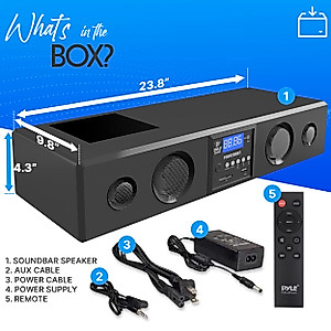 Pyle 3D Surround Bluetooth Soundbar - Sound System Bass Speakers Compatible to TV, USB, SD, FM Radio with 3.5mm AUX Input , Remote Control, For Home Theater - PSBV200BT,Black
