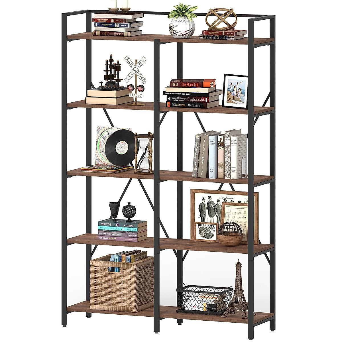BON AUGURE Industrial Bookshelf, Bookcases and Bookshelves Etagere, Tall Large Farmhouse Book Shelves, 5 Tier Open Bookcase, Wood Metal Shelving Unit for Bedroom, Office (Rustic Oak)