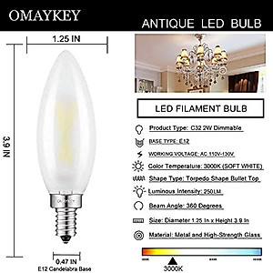 OMAYKEY 2W LED Candelabra Bulbs 25W Equivalent 3000K Soft White 250 LM, E12 Base Frosted Glass C32 Candle Dimmable LED Chandelier Light Bulb, Pack of 8