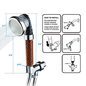 GIFT ZEN Filtered Shower Head with Beads,3-Setting High Pressure Water Saving Ecowater Spa Shower Head for Dry Skin & Hair with 60 Inch Stainless Steel Hose and Bracket