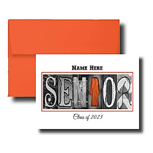 Personalized Senior Class of 2023, 2024, Graduation Cards, 5"x7" Flat or Folded Card Choice envelope color,Custom Graduation, Elegant, Letter Art, Scroll, School Color, College (ORANGE)