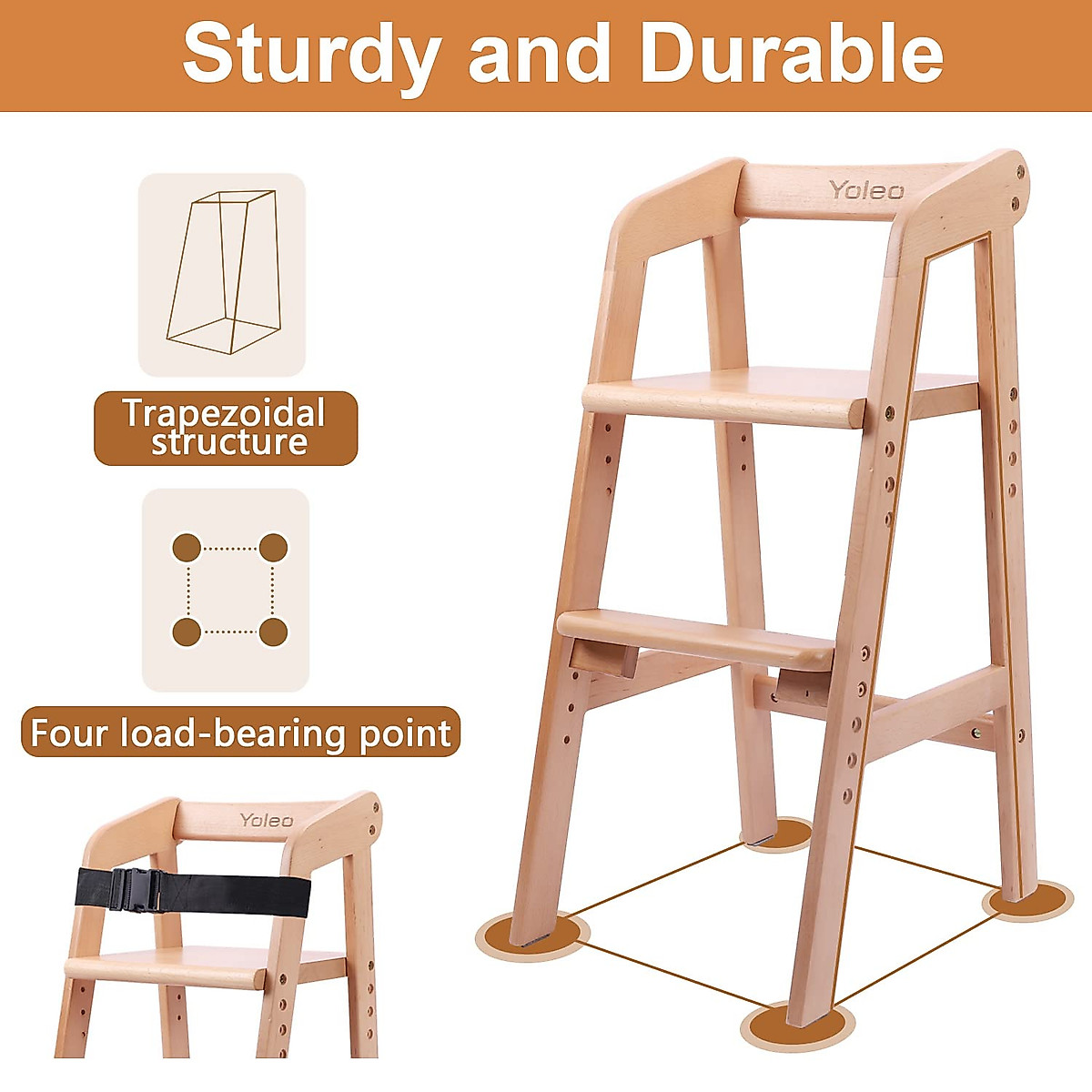 YOLEO High Chair Wooden for Toddlers Junior Childs, Sturdy Durable Dining Feeding Chair with Steps Grows with Child, Max 60kg (Natural Color)