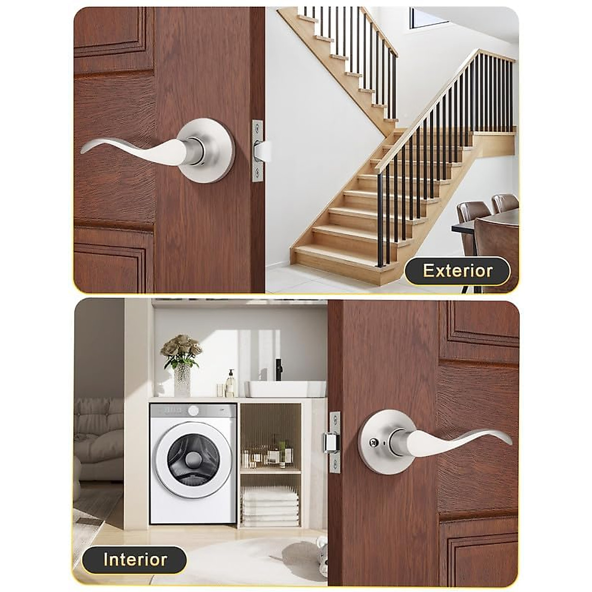 Mengico 1 Pack Satin Nickel Modern Interior Passage Door Knobs, Keyless Door Handle for Hallway & Closet, Wave Style Non-Locking Door Lever Reversible for Left & Right Handed