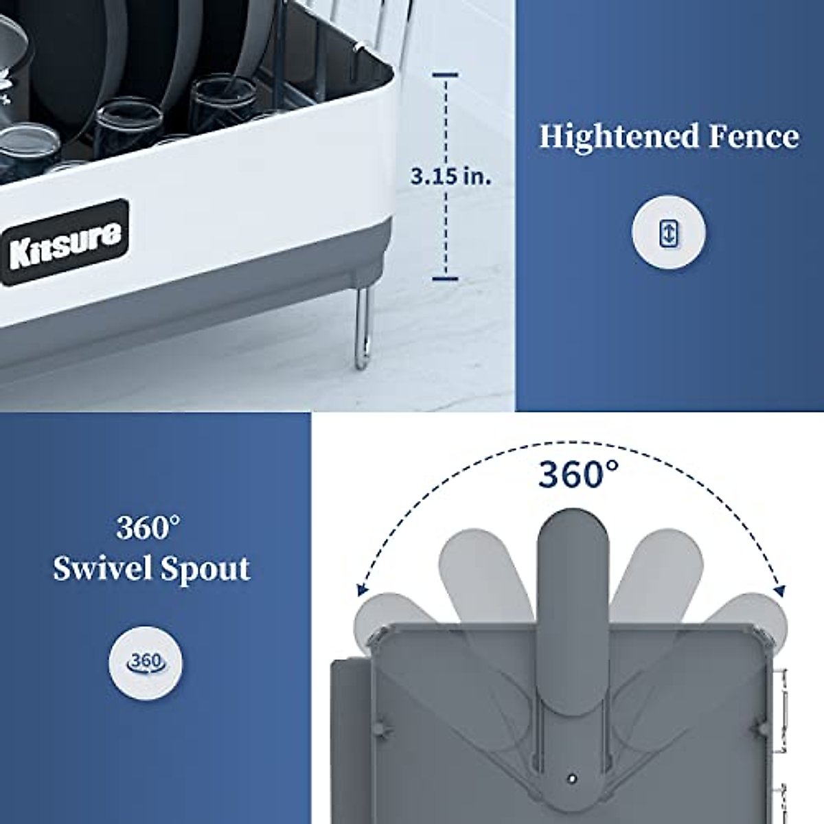 Kitsure Dish Rack, 2-Tier Dish Drying Rack with Large Capacity, Multifunctional Dish Drying Rack with Drainboard, Rustproof & Durable Dish Rack