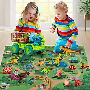 TEMI Dinosaur Truck Toy for Kids 3-5 Years, Triceratops Transport Car Carrier with 8 Dino Figures, Activity Play Mat, Dino Eggs and Trees, Capture Jurassic Dinosaurs Play Set for Boys and Girls