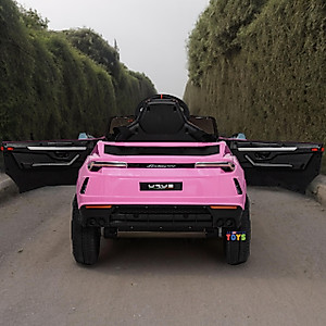Ride On Toys for Girls – Americas Toys Ride On Cars with Remote Control – 12V Electric Kids Car w/ 4 Wheels Suspension, Open Doors, Lights, Leather Seat, Music, Horn, Compatible with Lamborghini Pink