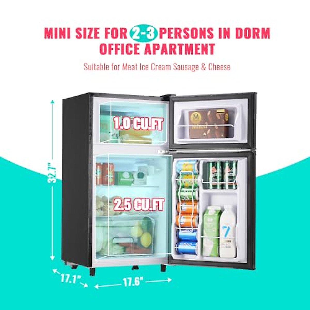 WANAI Small Refrigerator with Freezer 3.5 Cu.Ft Mini Fridge with Freezer on Top Double Door Small Fridge for Bedroom Dorm Room College Office Black