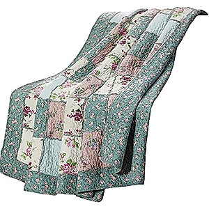 Chezmoi Collection Abbi 1-Piece Garden Floral Shabby Chic Throw Pre-Washed Cotton Ruffle Trim Patchwork Throw Blanket