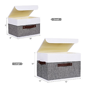 LaMorée Fabric Storage Bin with Lid Faux Leather Handle Foldable Cotton Linen Storage Basket Rectangular Cube Box Decorative Lidded Home Office Laundry Closet Organizer – Gray and White, Large