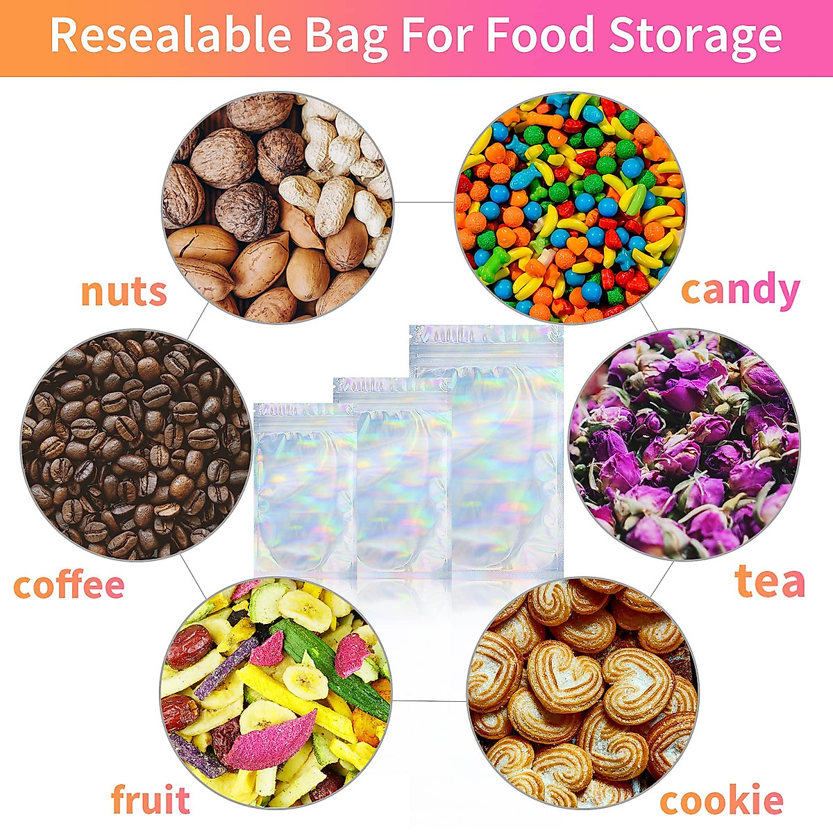 300 Packs Mylar Bags, 3 Sizes Smell Proof Bag Resealable Mylar Bags for Food Storage, Holographic Ziplock Bags with Front Window Packaging Pouch for Sample Snack Cookies Jewelry (Holographic)