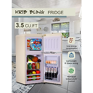 KRIB BLING 3.5 CU.FT Compact Refrigerator 2 Door Mini Fridge with Freezer, Mini Refrigerator with Removable Glass Shelves Small Drink Food Storage Cooler for Office, Dorm, Apartment, Cream