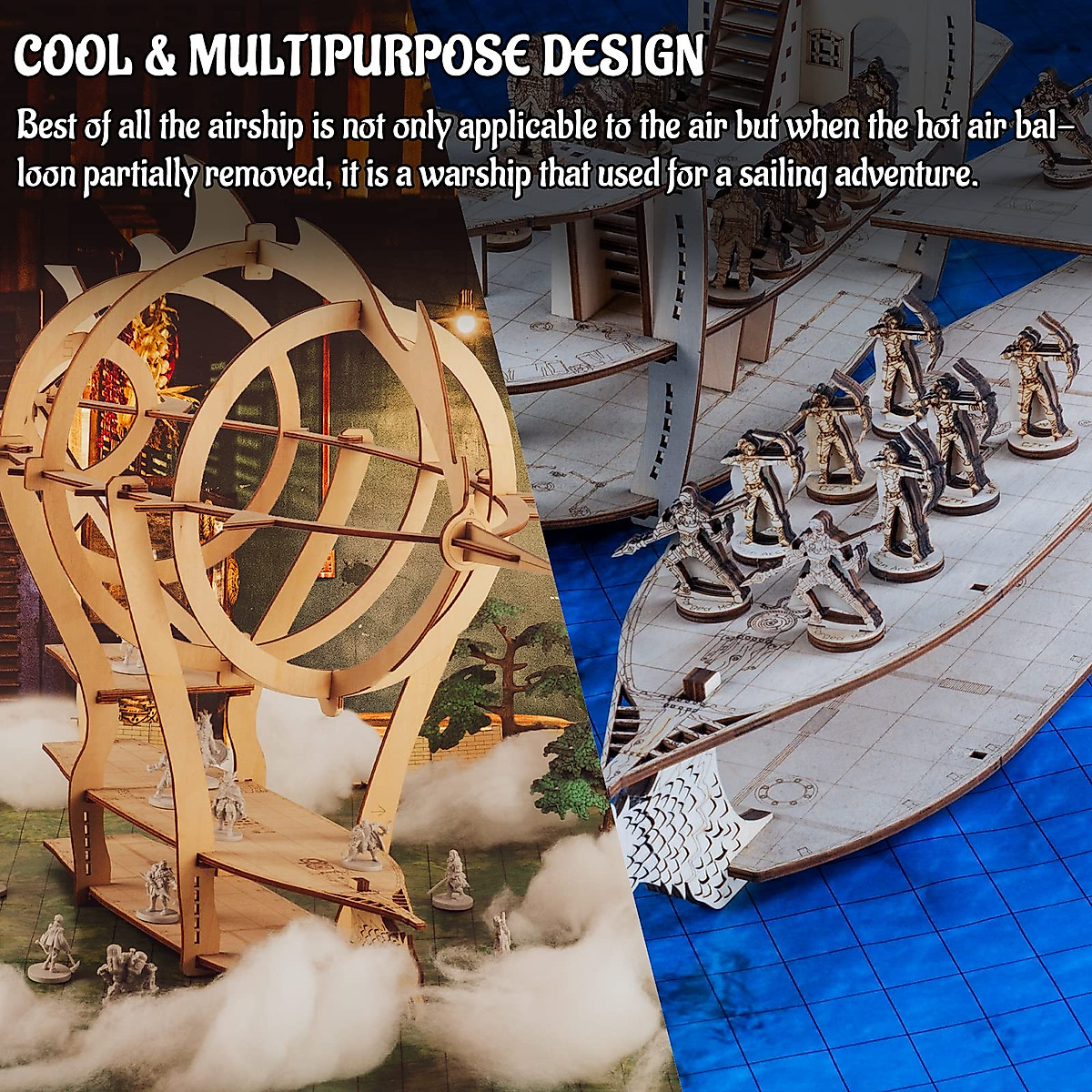 3D Airship Model Wood Laser Cut Hot Air Balloon with 1" Grids Fantasy Aerial Combat Terrain Map for D&D, Pathfinder, Warhammer and Other Tabletop RPG