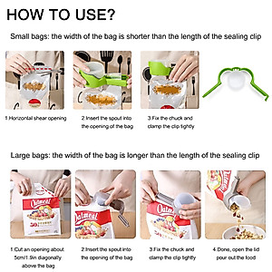 DEFORAGE 6 Pcs Bag Spout Clip,Bag Clips for Food,Snack Sealing Clips with Pour Spouts,Kitchen Chip with 4pcs Adhesive Hooks, for Cereal Kitchen Food Storage Organization(2L+4S)