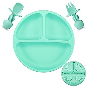 PandaEar Silicone Suction Plate for Baby| Divided Unbreakable Toddler Plate Baby Food Plate with Spoon and Fork, Non-Slip, Non-Toxic, BPA Free, Dishwasher and Microwave Safe (Green)