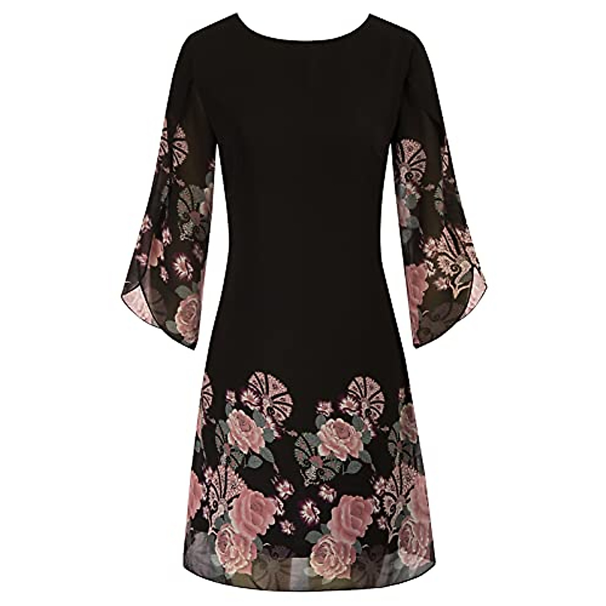 Women 3/4 Sleeve Loose Chiffon Dress Shift Dress Midi Black-Pink Flower-2 XL