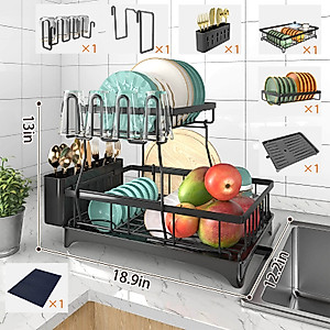 Godboat Dish Drying Rack, Dish Rack with Extra Drying Mat, 2-Tier Dish Racks for Kitchen Counter, Kitchen Gadgets with Drainboard & Utensil Hooks, Kitchen Organization & Decor, Gifts for Women & Men