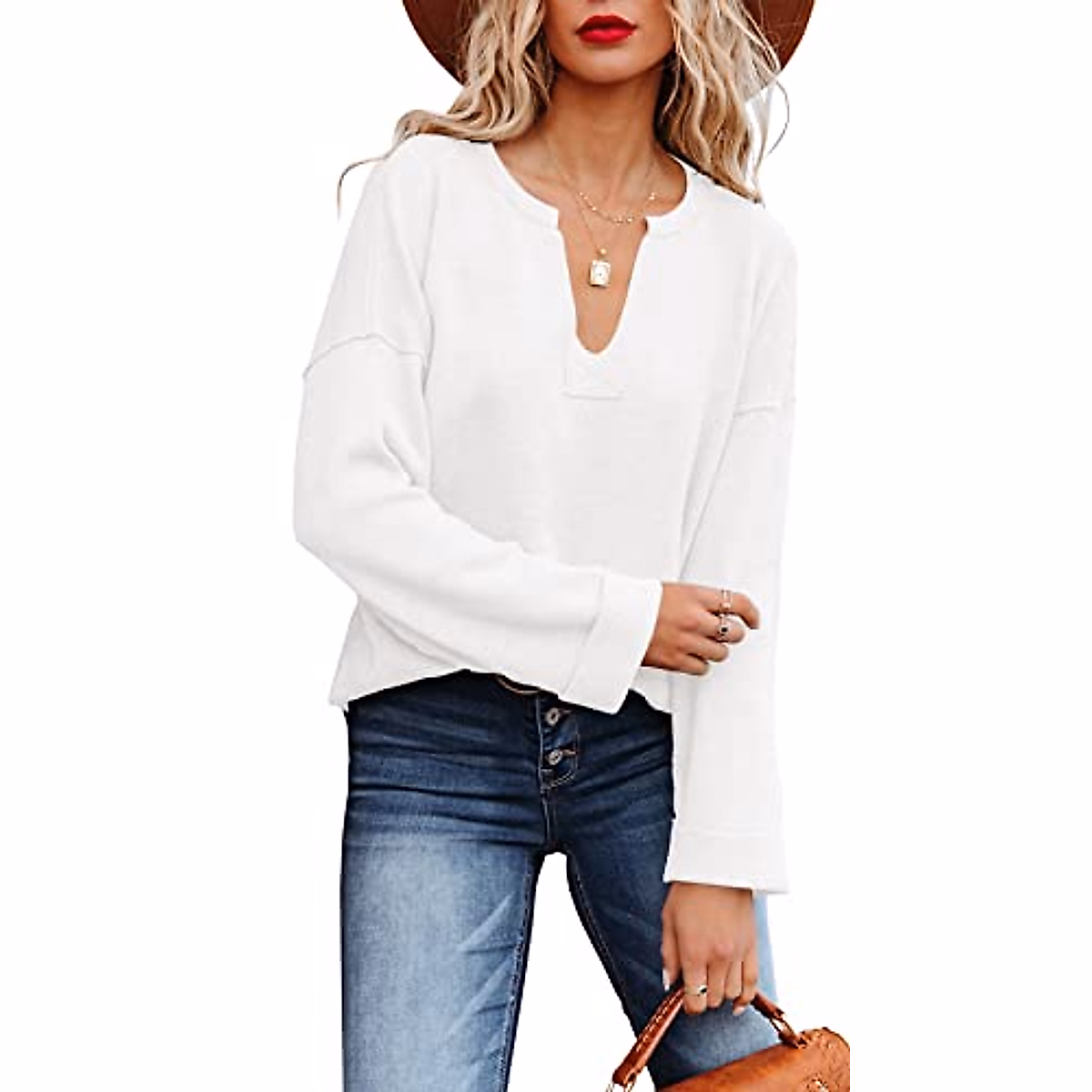 Women's V Neck Long Sleeve Pullover Sweater Causal Ribbed Knit Henley Shirts Tops White