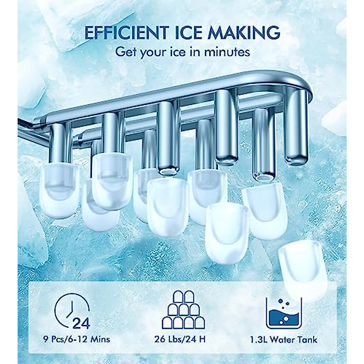 Ice Maker Countertop - Portable Ice Machine Makes 26 lbs of Ice in 24 Hours, 9 Ice Cubes in 6 Minutes, Self-Cleaning - Compact Nugget Ice Maker with Scoop and Basket for Home, Kitchen, and RV (Silver)