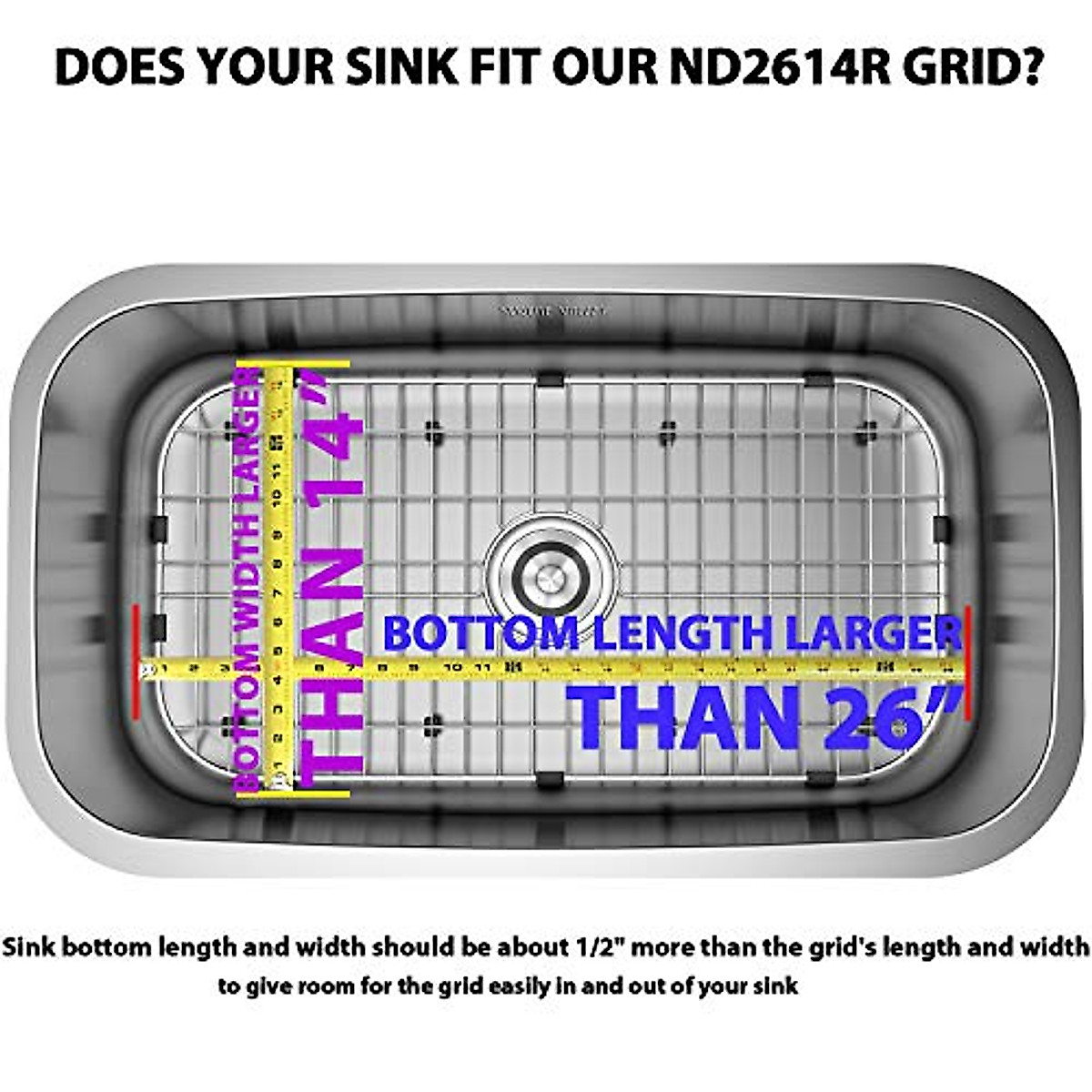 Serene Valley Sink Bottom Grid 26" x 14", Rear Drain with Corner Radius 3-1/2", ND2614R
