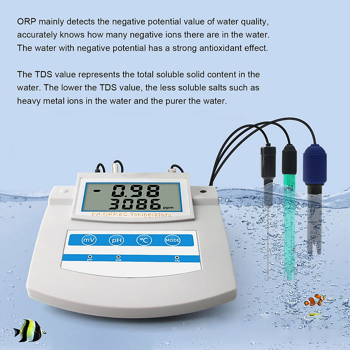 Water Quality Monitor, LCD Display, with High Precise PH, Temperature and EC Probe, 0°C to 50°C Auto Compensate Temperature, 6 in 1 PH ORP EC CF TDS Temperature Tester(USA)
