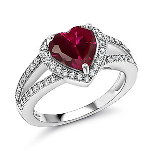 Gem Stone King 925 Sterling Silver Red Created Ruby and White Moissanite Ring For Women (2.41 Cttw, Gemstone July Birthstone, Heart Shape 8MM, Available In Size 5,6,7,8,9)