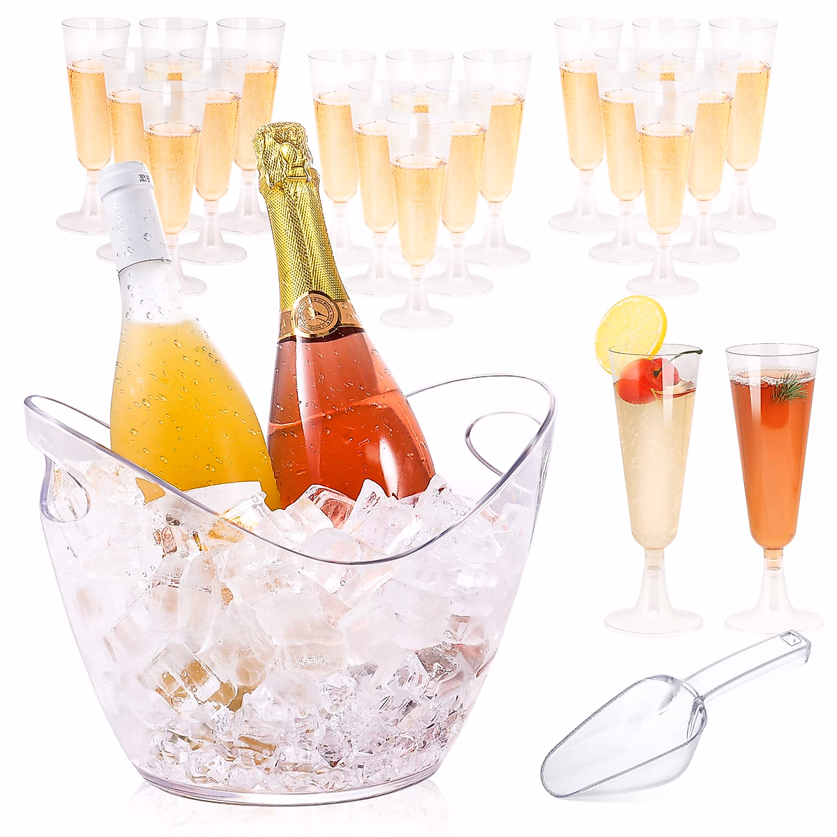 Barafat Ice Buckets for Parties (4L) & Ice Bucket Scoop & 24 Mimosa Glasses (5 Oz), Acrylic Champagne Bucket with Plastic Champagne Flutes, Clear Drinks Beverage Tub for Cocktail Bar