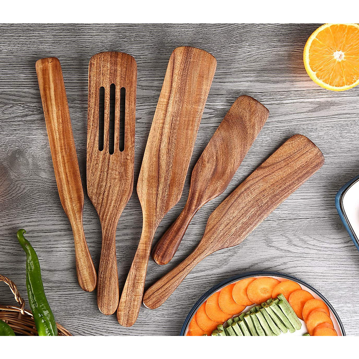 NIGILA 5Pcs Wooden Spoons Kit for Cooking Durable Acacia Wood Spurtles Kitchen Tools and Utensils Long Handle for Nonstick Cookware,Salad Strainer and Cake Make,Spurtles Kitchen Tools as Seen on TV