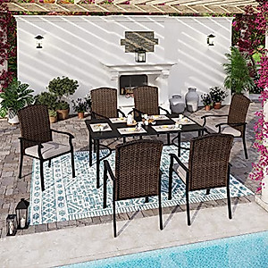 SUNSHINE VALLEY Patio Dining Chairs Set for 6, 7 Piece Wicker Outdoor Table and Chairs, Large Rectangular Metal Patio Dining Table with 1.57” Umbrella Hole Outdoor Dining Sets for Garden Backyard Lawn