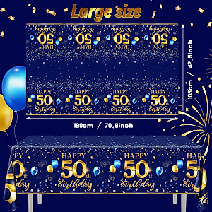 GREHUMOR 50th Birthday Decorations Men-3pcs Navy Blue 50th Birthday Table Covers Rectangle Waterproof Plastic Gold Blue Birthday Tablecloth for Men 50th Birthday Party Supplies