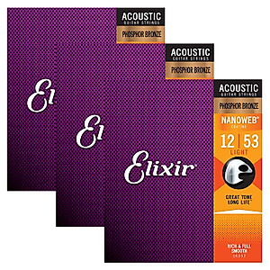 Elixir 16052 Acoustic Phosphor Bronze Nano Light 12-53 (3 Pack Bundle)