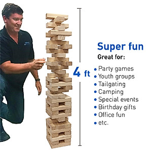 EasyGoProducts 54Piece Large Wood Block Stack & Tumble Tower Toppling Blocks Game– Great for Game Nights for Kids, Adults & Family –Storage Bag