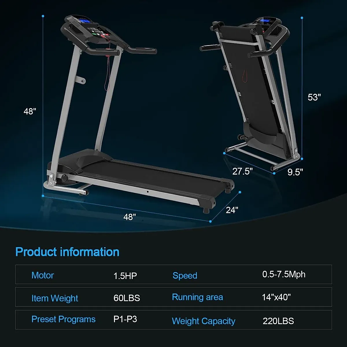 Treadmill with Incline, 2.5HP Foldable Treadmill for Home Office Small Space Portable Walking Treadmill 265 Lbs with 15 Preset PROG, LED Display, Speaker and Cup Holder