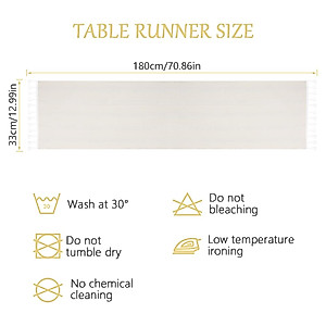 AUAUY Table Runner with Handmade Tassels, Boho Style Beige Weave Stripes Polyester Fabric Table Runner, Macrame Table Decoration for Holiday Party Dining Wedding and Everyday Use(13*70.87in)