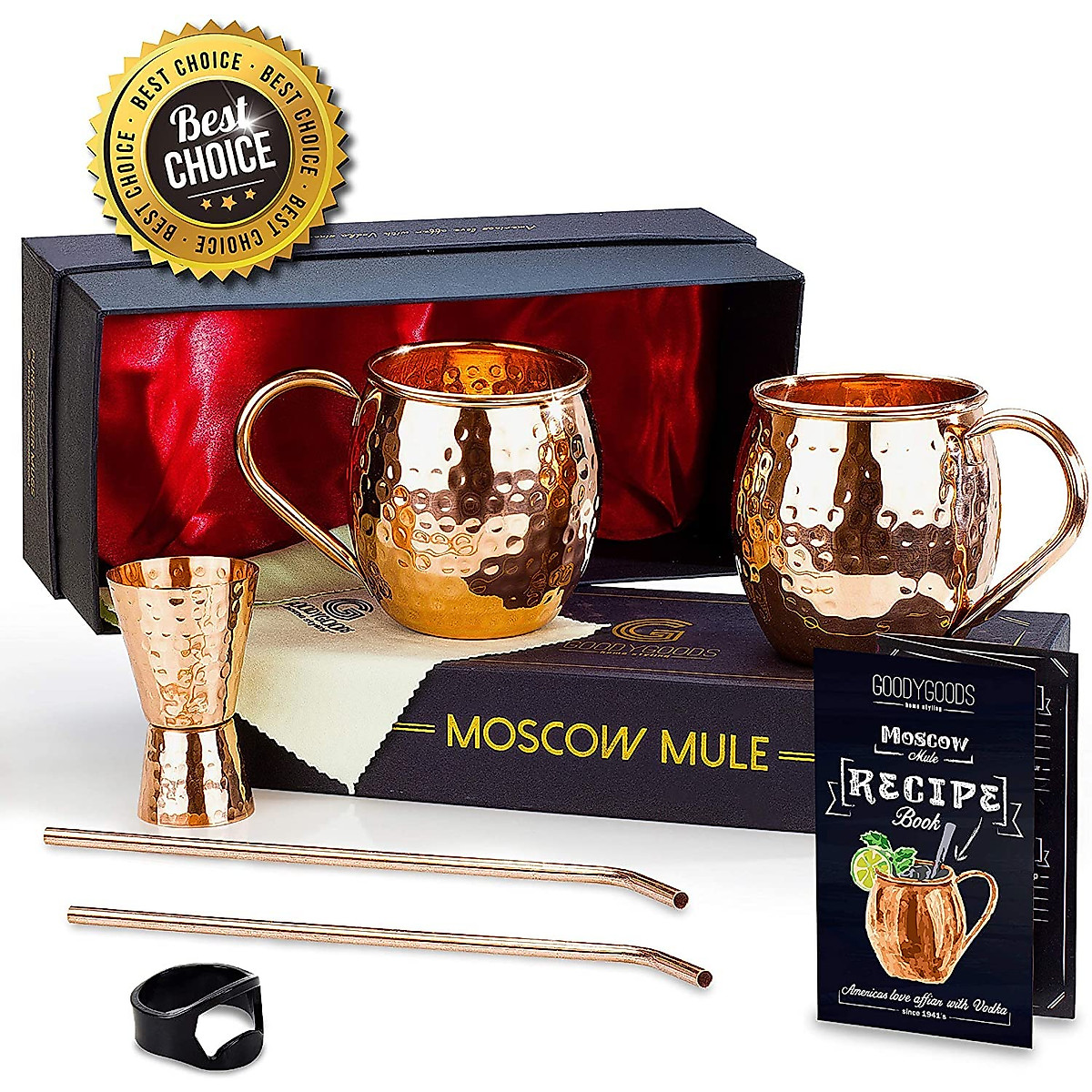 G GOODYGOODS Moscow Mule Copper Mugs: Make Any Drink Taste Much Better! 100% Pure Solid Copper His & Hers Gift Set- 2 Hammered 16 OZ Copper Cups 2 Unique Straws, Jigger & Recipe Booklet!