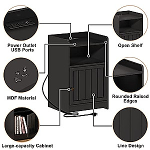 ChooChoo Nightstand with Charging Station, Night Stand with Cabinet and Open Storage, 2 AC and USB Power Outlets, Bed Side Table for Bedroom, Black